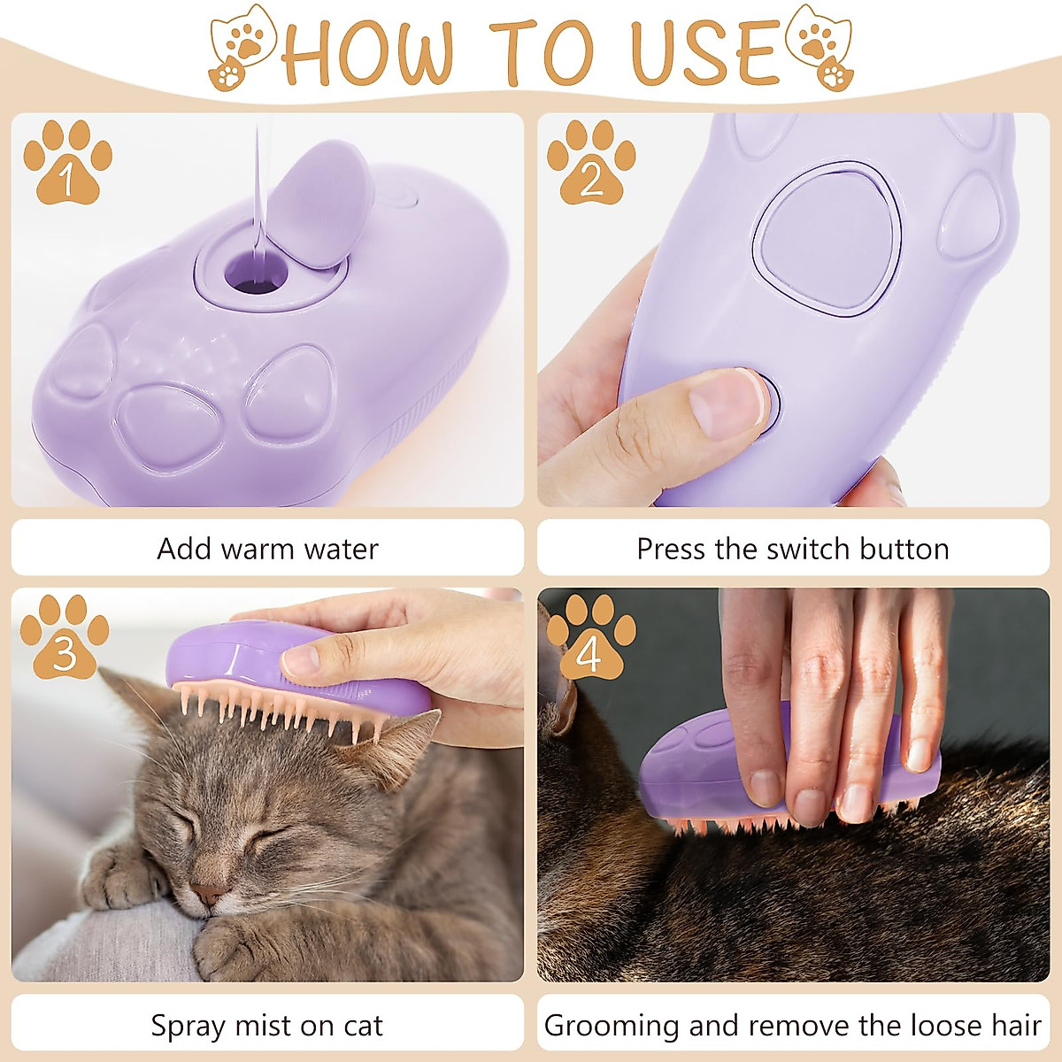 Cat Steam Brush for Shedding: 3-in-1 Silicone Steam Brush for Cats, Rechargeable Steam Cat Brush, Steamy Pet Brush, Dog Steam Brush for Shedding, Cat Grooming Brush with Steam - Purple