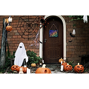 Trick Or Treat Wooden Hanging Sign - Halloween Witches Welcome Wall Decor - Pumpkin Wood Front Door Sign for Home Farmhouse Office Porch - Wood Plaque Halloween Gifts (8'' x 10") -05