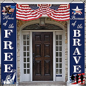 American Flag Patriotic Soldier Porch Sign Banners -“HOME of the FREE” and “Because of the BRAVE”- Hanging Banner for 4th of July Decor/ Independence Day/ Memorial Day/ Veterans Day/ Labor Day