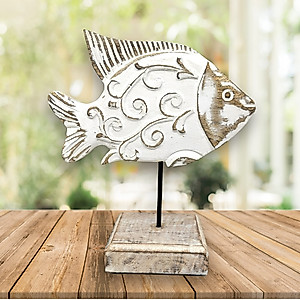 Wooden Fish Sculpture Home Decor | Handmade Beau Butter Fish Statue on Base Stand | Nautical Beach House Decor Rustic Centerpiece Table Decor for Office, Living Room (Beau Butter Fish)
