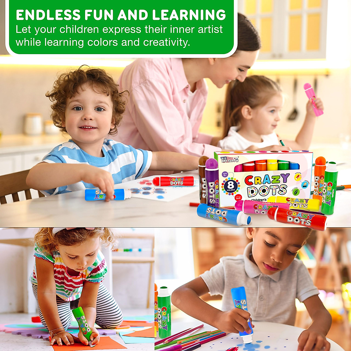 U.S. Art Supply 8 Color Crazy Dots Markers - Children's Washable Easy Grip Non-Toxic Paint Marker Daubers