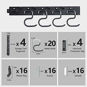 WellMade 64'' Adjustable Garden Tool Organizer, Garage Storage System Hooks, Wall Mount Tool Organization, Yard Tool Storage Rack, Shovel Broom Rake Holder, Black
