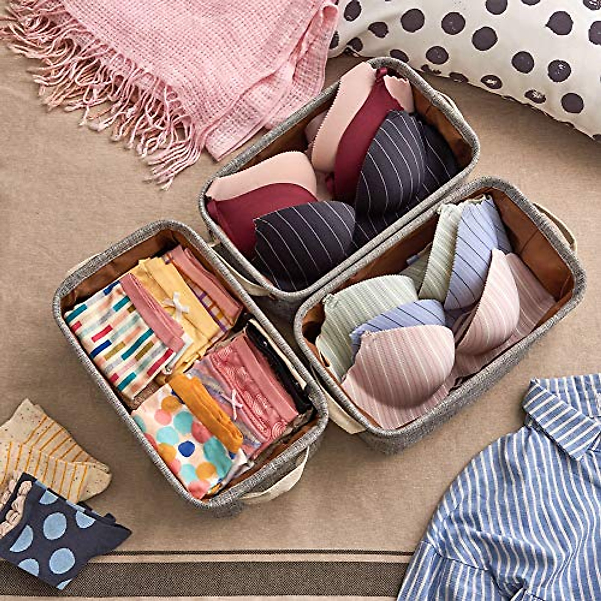 EZOWare 6pc Storage Bins Baskets, Small Folding Drawer Dresser Desktop Organizer Cubes Set with Handles -12 x 7 x 4 inch - Dark Gray