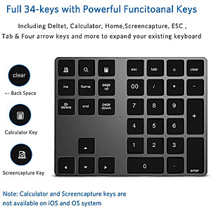 JOYEKY Bluetooth Number Pad, Wireless Numeric Keypad, USB-C Rechargeable External 34-Keys Numpad, Financial Data Entry Keyboard for iMac, MacBook Air/Pro, PC Desktop, Laptop Notebook