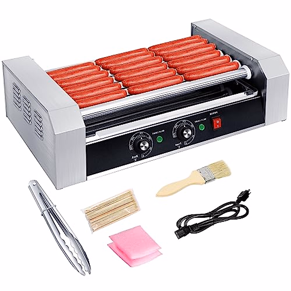 Yexiya 110V Electric Hot Dog Roller Machine Stainless Steel Grill Cooker Machine 7 Rollers Hot Dog Warmer with Oil Brush, Clip, Dishcloth and 100 Pcs Bamboo Sticks for Kitchen Canteen House Restaurant