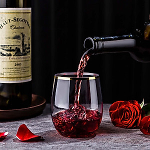 eventpartener 32 Pack Disposable Stemless Wine Glasses, 12 OZ Plastic Wine Cups, Gold Rim Unbreakable Wine Glasses, Whiskey Cocktail Glasses, Shatterproof Clear Drinking Glasses for Party, Wedding