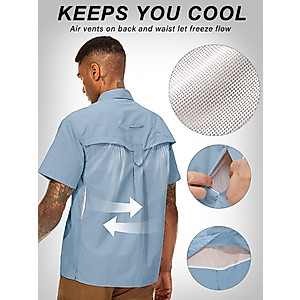 mosingle Men's Fishing Shirts with Zipper Pockets UPF50 Sun Protection Safari Cool Short Sleeve Button Down Shirts Hiking(5018,Blue-L)