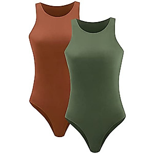 Degkim sexy bodysuit for women Halter Neck shapewear bodysuits trendy tank tops 2 pack Olive Caramel M