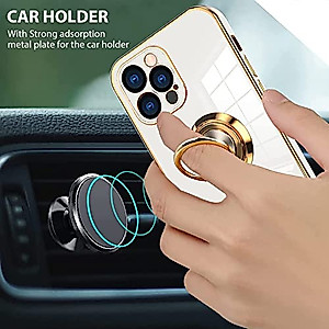 OOK Compatible with iPhone 13 Pro Max Case with Ring Holder Full Camera Lens Protection Plating Rose Gold Edge 360°Kickstand Slim Soft TPU Protective Case Cover for iPhone 13 Pro Max 6.7 Inch -White