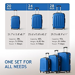 Karl home 3-Piece Luggage Set Travel Lightweight Suitcases with Rolling Wheels, TSA lock & Moulded Corner, Carry on Luggages for Business, Trip, Dark Blue (20"/24"/28")