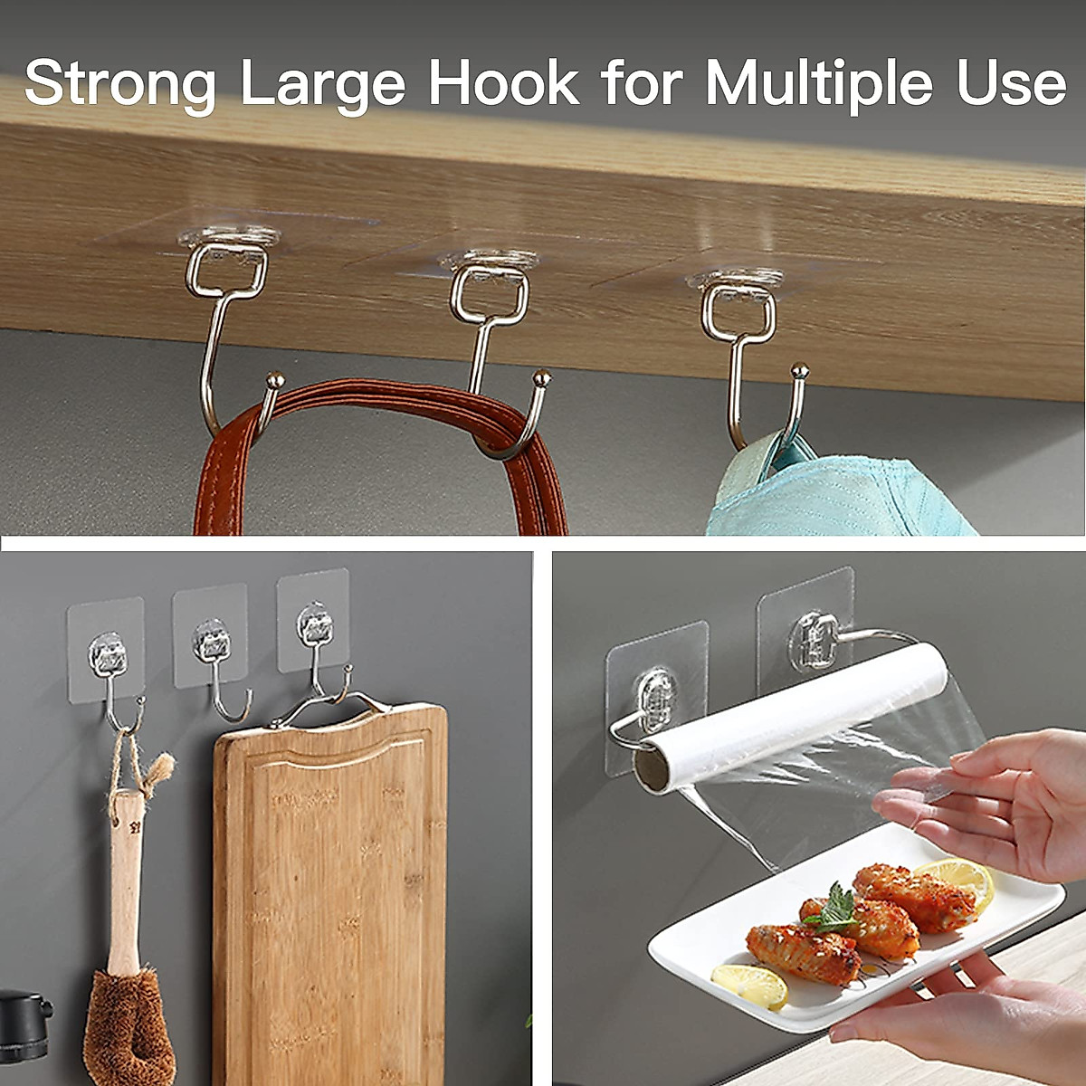 Large Adhesive Hooks for Hanging Heavy-Duty 44Ib(Max) 10 Packs, Wall Hangers without Nails Self-Adhesive Traceless Clear and Removable, Waterproof and Rustproof Multiple Uses for Bathroom Kitchen Home