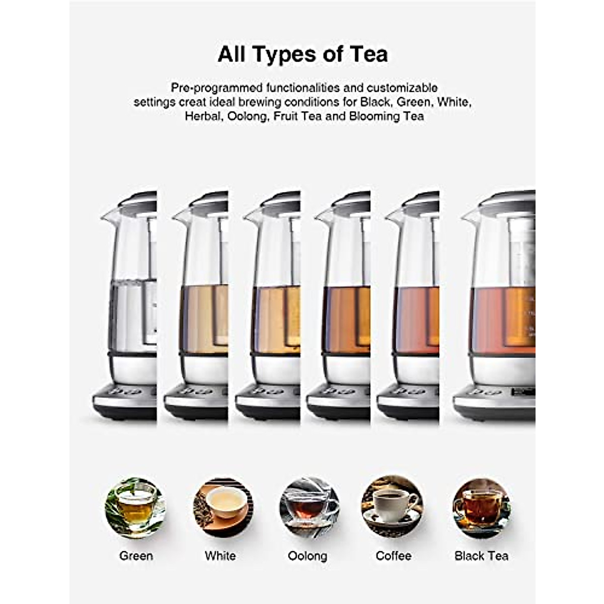 Electric Tea Kettle, 6 Variable Presets Temperature Smart Tea Maker, Fast Boil Electric Glass Kettle with 2Hr Keep Warm Function, Premium Stainless Steel, 1200 Watt Quick Heating, 1.7L