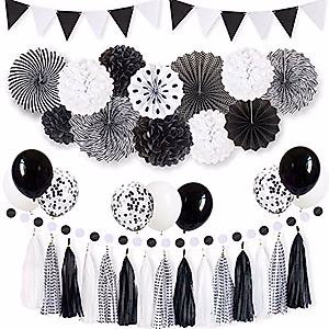 ANSOMO Black and White Party Decorations and Supplies, for Baby Shower and Birthday Graduation Bachelorette with Paper Fan and Tassel Garland