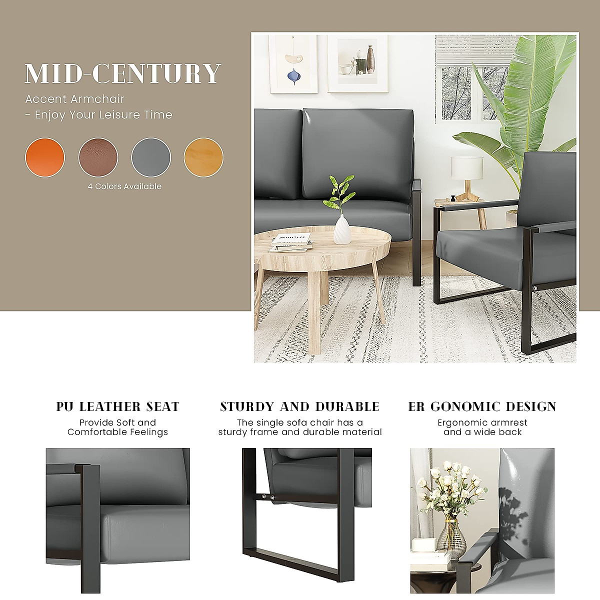 DKLGG Mid-Century Loveseats Sofa Couch, Faux Solid Leather Loveseat Sofa, Upholstered Faux Leather Couch 2-Seat Metal Armchair, Lounge Accent Chair for Living Room, Small Space, Studio, Apartment