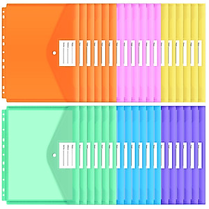 EOOUT 30pcs Binder Pocket, Binder Pockets for 3 Ring, Binder Folders, 11 Holes, Letter Size, Snap Button Pouch with Label for School, Home and Office