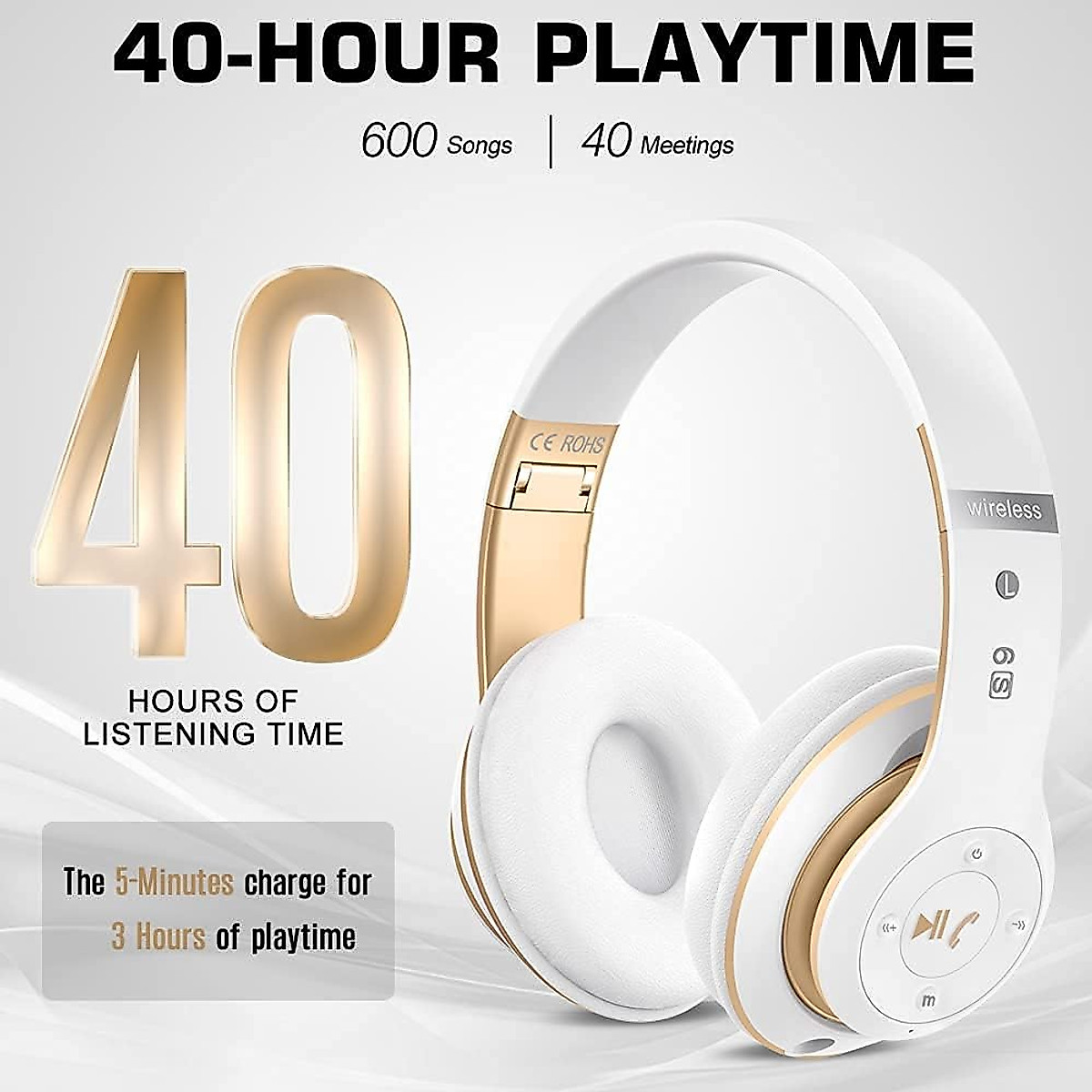 6S Wireless Bluetooth Headphones Over Ear, Hi-Fi Stereo Foldable Wireless Stereo Headsets Earbuds with Built-in Mic, Volume Control, FM for iPhone/Samsung/iPad/PC (White & Gold)