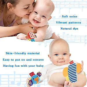 Baby Rattle,URUTOREO Baby Wrist Rattle and Foot Rattles Finder Socks Set, Developmental Soft Animal Rattles Monkey and Elephant Socks Toys Infant Baby Toys (4 Pcs)