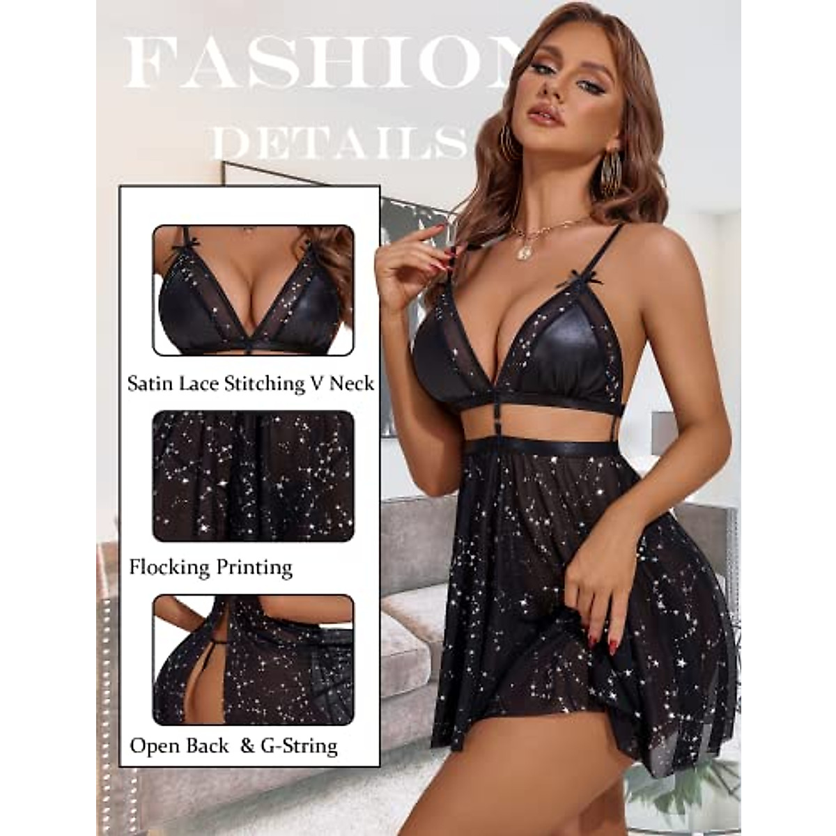 Avidlove Plus Size Lingerie Lace Teddy Babydoll V Neck Lace Nighty Sleepwear Flocking Nightdress Black Star XXL