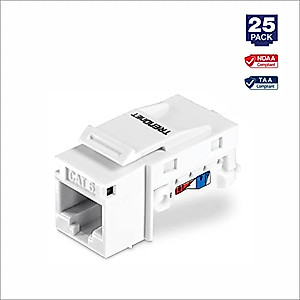 TRENDnet Cat6 Keystone Jack, 25-Pack Bundle, 90° Angle Termination, Compatible with Cat5, Cat5e, Cat6 Cabling, Color-Coded Labeling, Gold-Plated Contacts, Tool-Less Design, White, TC-K25C6