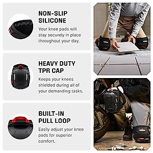 NoCry Professional Gel Knee Pads for Work — Heavy Duty Anti-Slip Cap, Extra Dual-Layer Foam and Cushion, Reinforced Adjustable Non-Slip Straps, Built-in Hangand Pull Loops, Fits Men Women, Black