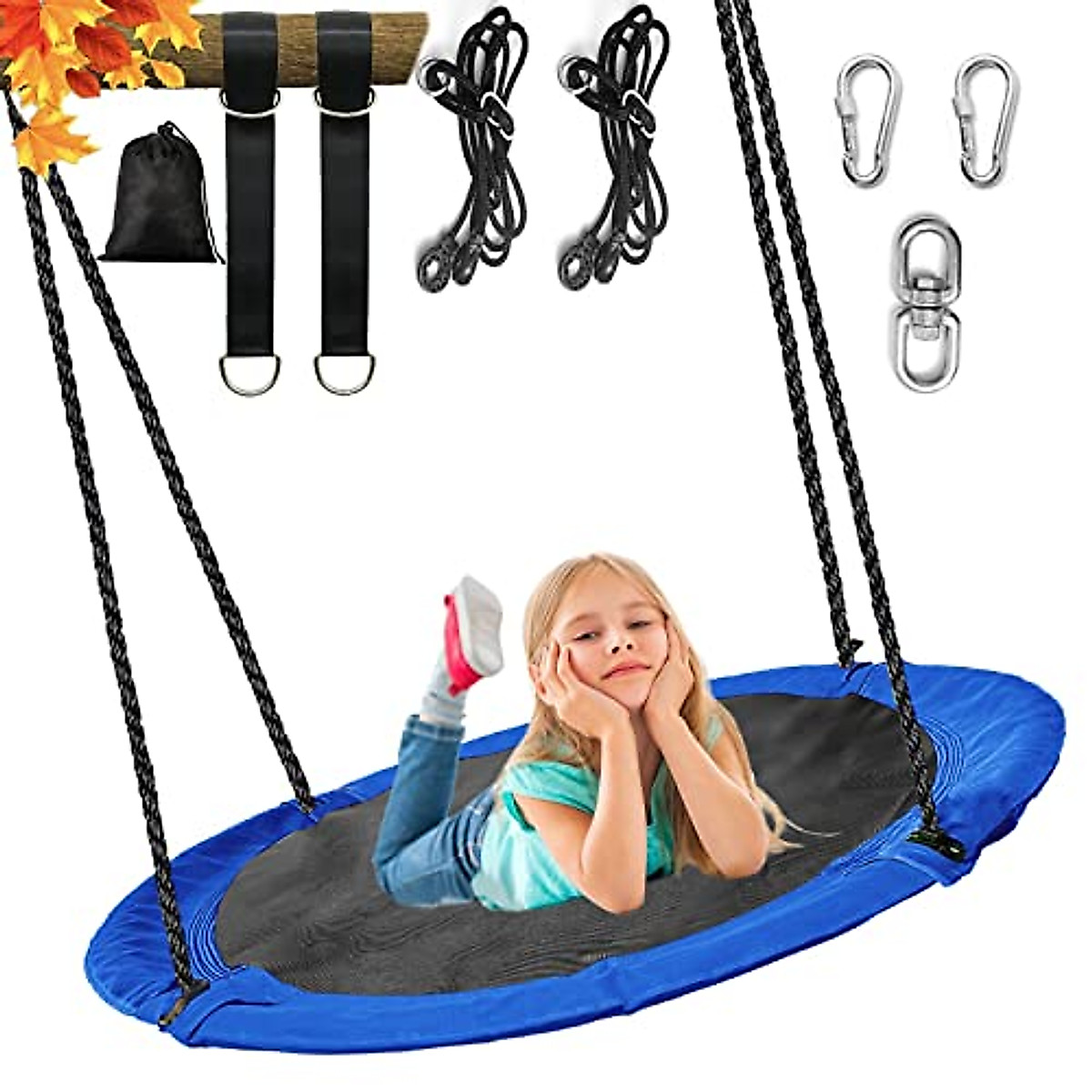 43” Saucer Tree Swing,700lbs Weight Capacity,Waterproof Textilene 360 Degree Rotation w/ 1 Swivel,2 Adjustable Ropes&2 Hanging Straps,Easy to Install,for Kids Adults Backyard,Playground(Blue)