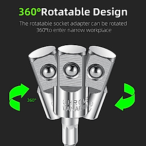 7 Pieces Power Drill Sockets Adapter Set, 3 Pieces 1/4 3/8 1/2 Inch Hex Shank Socket Adapter 3 Pieces 360 Degree Rotatable Impact Extension 1 Piece 105 Degree Right Angle Screwdriver Drill Bit