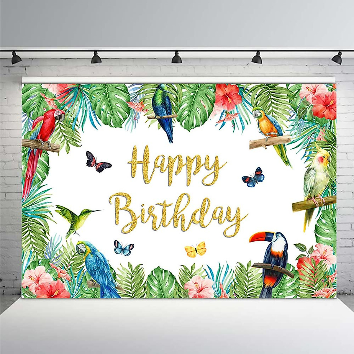 MEHOFOND 7x5ft Tropical Bird Birthday Backdrop Summer Toucan Palm Leaves Gold Glitter Happy Birthday Banner Photography Background Parrot Hummingbird Luau Decoration Photobooth Props