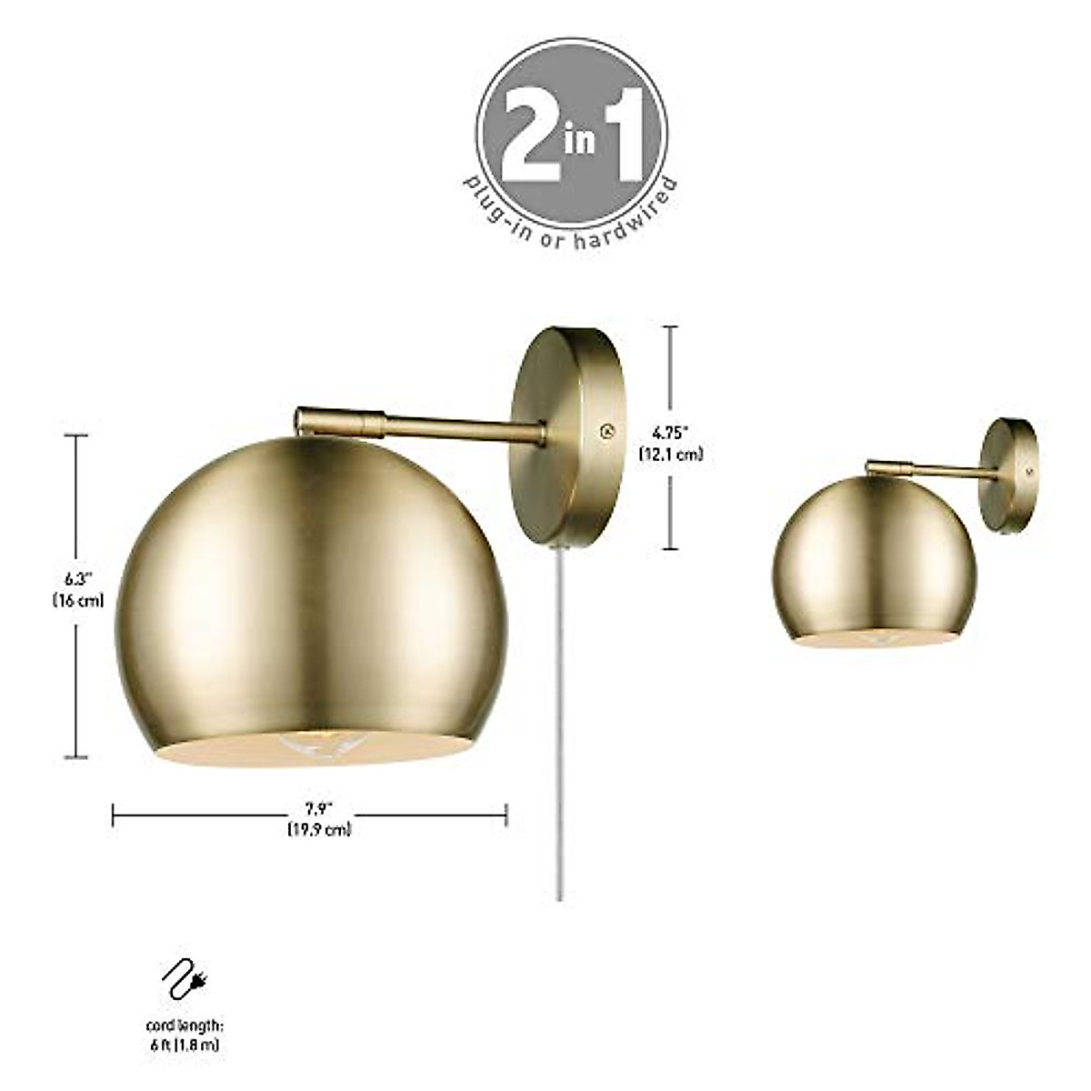 Globe Electric 51577 1-Light Plug-in or Hardwire Wall Sconce, Matte Brass, White Fabric Cord, in-Line On/Off Rocker Switch, Wall Lights for Bedroom Plug in, Kitchen Sconces Wall Lighting