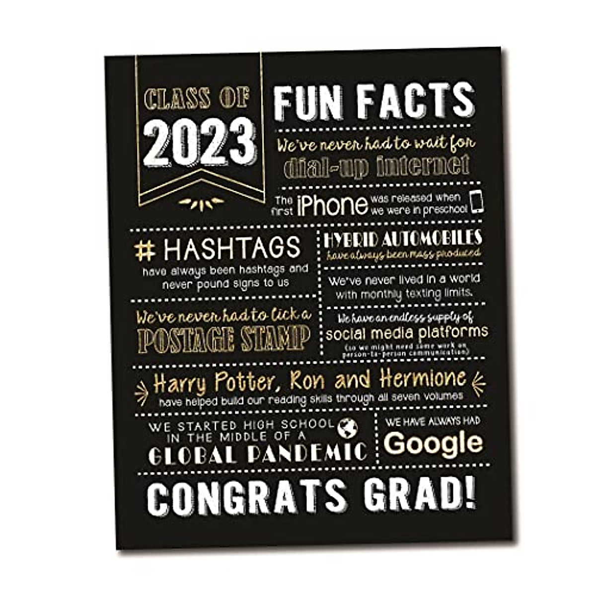 Katie Doodle - 2023 Graduation Decorations - Class of 2023 Decorations - Great Party Centerpiece, Card or Class of 2023 Gifts for Her or Him - 2023 Fun Facts Sign [Unframed], 8x10 inch, Black and Gold