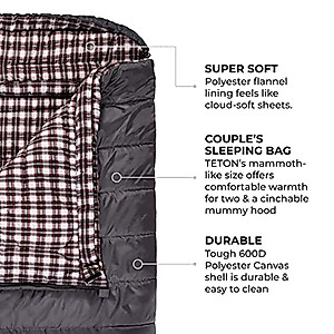 TETON Sports Fahrenheit Mammoth 0F/-18C Queen-Size Double Sleeping Bag; Warm and Comfortable; Double Sleeping Bag Great for Family Camping; Compression Sack Included Grey