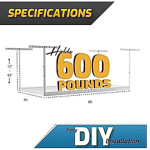 MonsterRax Overhead Garage Storage Rack- 4 x 8 Ceiling Rack for Garage Shelving, Organization, & Storage, Adjustable Hanging Storage for Bikes, Equipment & Accessories (White, 18"-33", 2-Pack).