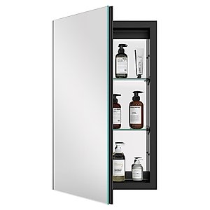 Quavikey Medicine Cabinet with Aluminum Recessed or Surface Mount Bathroom Mirror with Storage 16x26 Inch, Black