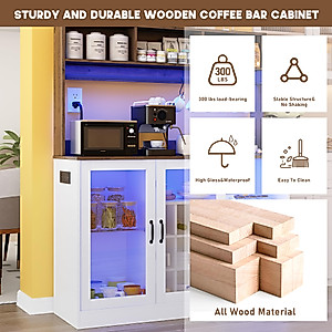 Vinctik 6&Fox Farmhouse LED Coffee Bar w/60000-color Lights,Power Outlet,7 Hooks,9Wink Racks,Adjustable Shelf for Tea Liquor Wine.Sliding Glass Door
