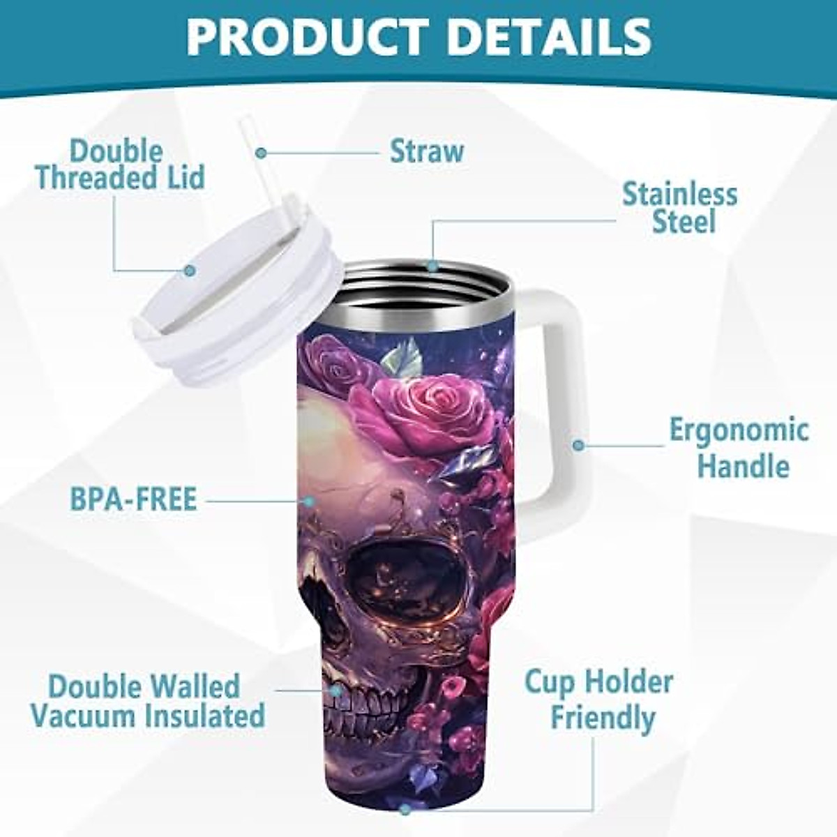 Slewiaeky Tumbler with Handle 40 oz Kawaii Goth Skull Rose Travel Mug with Lid and Straw Stainless Steel Vacuum Insulated Water Bottle Cup for Iced Tea Coffee Cold Beverages Cup Holder Friendly