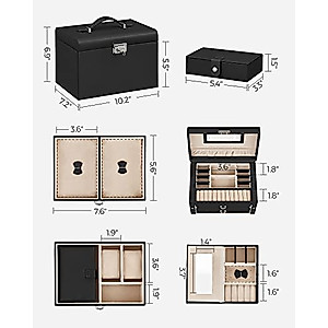 SONGMICS Jewelry Box 3 Layers, Jewelry Organizer with 2 Drawers, Jewelry Case with Portable Travel Case, with Handle, Lockable, Jewelry Storage, Gift for Loved ones, Black UJBC121B