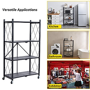 BRIAN & DANY 4-Shelf Foldable Storage Shelves with Wheels, Folding Metal Rack Shelving Unit, Heavy Duty No Assembly Organizer Shelf for Garage, Kitchen, Basement, Pantry, Black