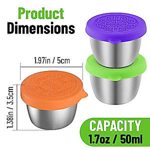 Hearth & Basin 6 Pack 1.7 oz Salad Dressing Container To-Go with Reuseable Silicone Lids, Stainless Steel Cups, Ramekins, Dip Containers, Condiment, Sauce, For Lunch, Bento Box, Picnic and Travel,