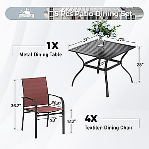 SUNSHINE VALLEY Patio Dining Sets for 5 Pcs,Metal Frame Outdoor Furniture Lawn Garden,Patio Dining Sets,4 Stable Outdoor Dining Red Chairs Square Dining Table.