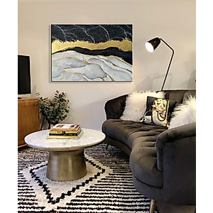 100% Hand Painted Black White and Gold Wall Art, Big Painting 28X40 Inch, Abstract Canvas Wall Art with Gold Foil Textured Art, Modern Wall Pictures for Living Room.