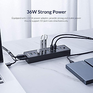 ORICO Powered USB Hub, 10 Ports 36W USB 3.0 Data Hub with 12V/3A Power Adapter for Computer, PC, Laptop, Mobile HDD, Flash Drive and More
