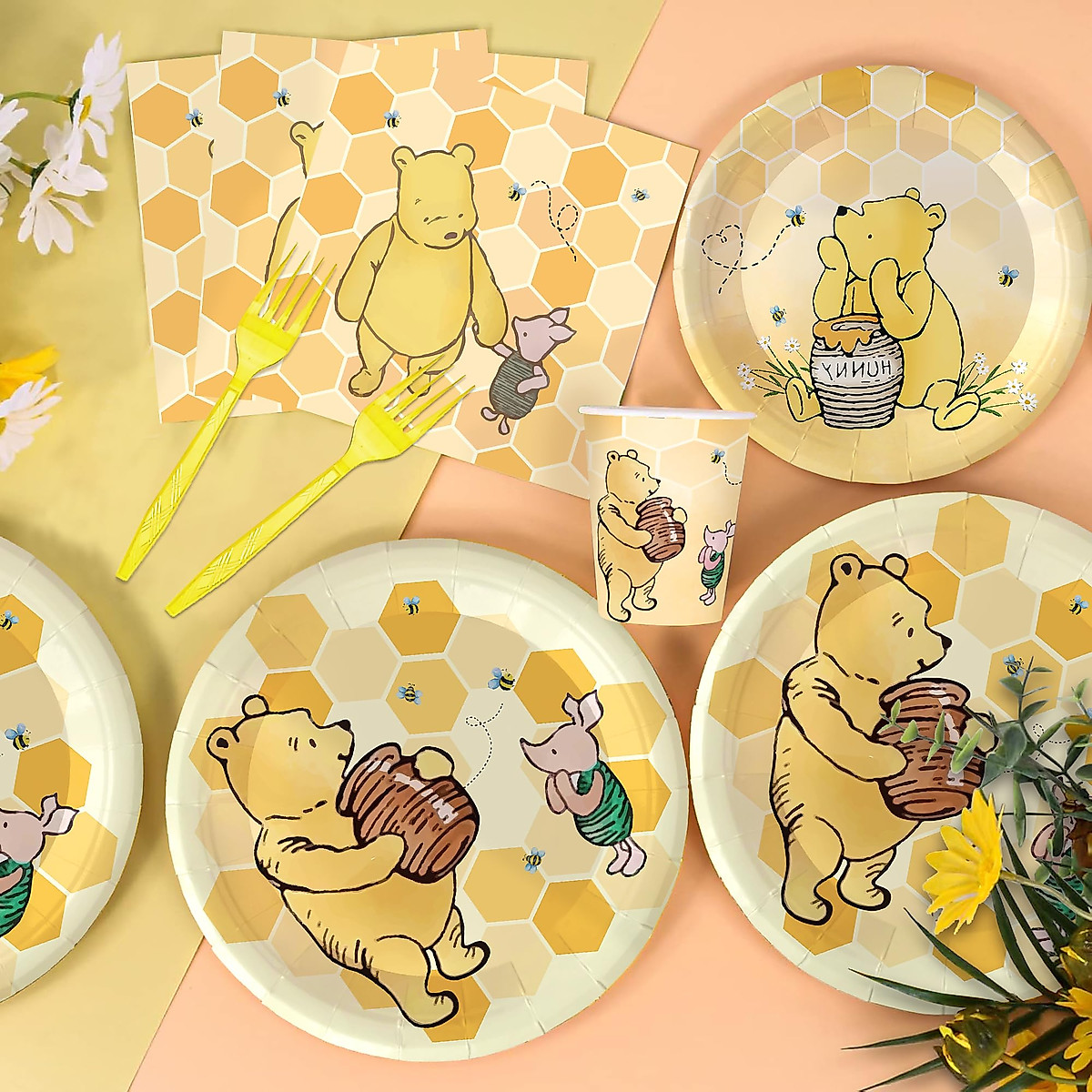AURORAPARTY 120pcs Classic Winnie Bear Baby Shower or Birthday Party Supplies Baby Shower Plates Napkins Cups Gender Neutral Baby Shower Decoration Tableware Set Serves 24 Guests