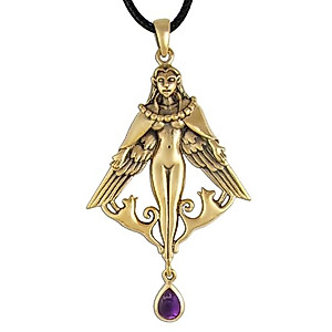 Dryad Design Bronze Freya Pendant with Natural Amethyst - Norse Goddess Freyja Jewelry 2 1/8 inches (5.4 cm)