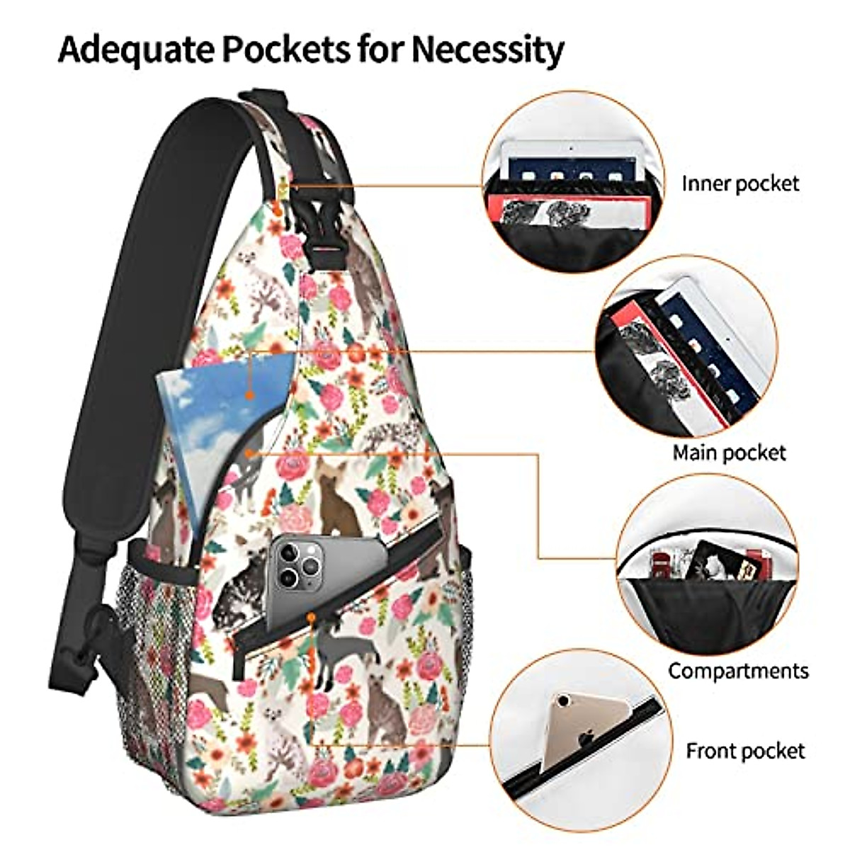 Cute Chinese Crested Dogs Lovers Rose Flower Floral Dog Puppy Animals 3D Printing Sling Bag Folding Chest Shoulder Backpack Crossbody Bags For Men Women Travel Gym School Ipad Backpacks Birthday Gifts