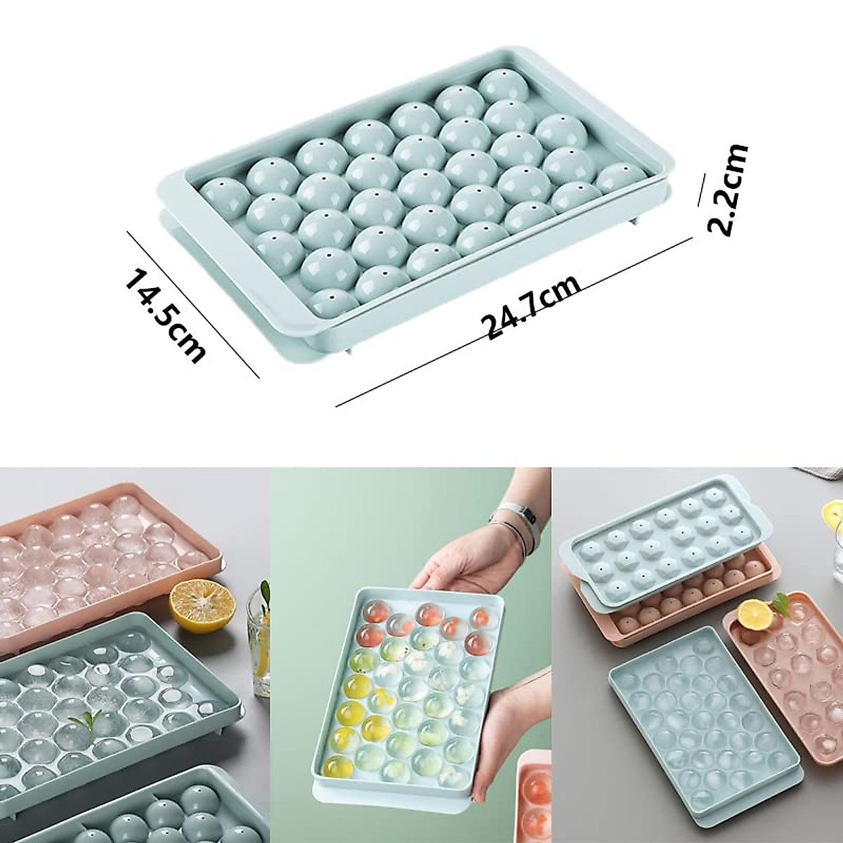 NUOYANG Round Ice Cube Tray with Lid, Ice Ball Maker Mold for Freezer with Container Mini Circle, Ice Cube Tray Making, 33PCS Sphere Ice Chilling Cocktail Whiskey Tea Coffee