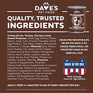 Dave's Pet Food Grain Free Wet Dog Food (Turkey & Sweet Potato in Gravy), Made in USA Naturally Healthy Canned Dog Food, Added Vitamins & Minerals, Wheat & Gluten-Free, 13.2 oz Cans (Case of 12)