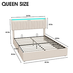 Queen Size Lift Up Storage Bed Frame with Adjustable Headboard, Charging Station, LED Lights, Wood Slats, Noise-Free, No Box Spring Needed, Beige