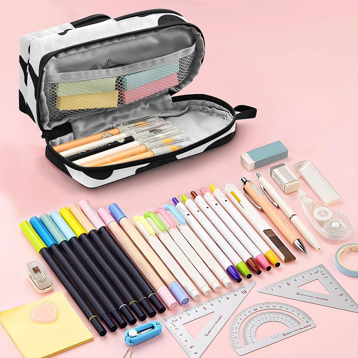 Black Cow Skin Pencil Case Big Capacity Pen Bag with Compartment Students Schoolbag Shape Stationery Organizer Pencil Pouch Marker Case for School Office Work