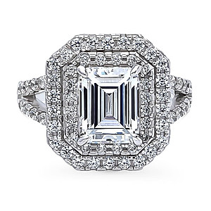 BERRICLE Sterling Silver Halo Wedding Engagement Rings Emerald Cut Cubic Zirconia CZ Statement Cocktail Split Shank Ring for Women, Rhodium Plated Size 8