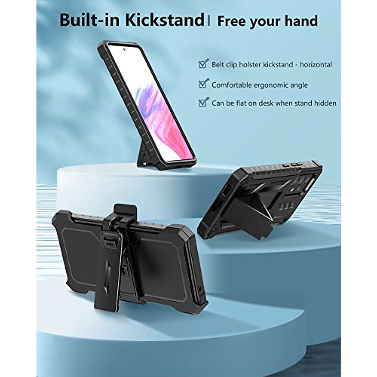 SOiOS for Samsung Galaxy A53 5G Case: with Built-in Screen Protector & Kickstand | Full-Body Dual Layer Rugged Belt-Clip Holster | Heavy Duty Shockproof Protective Phone Cover - 6.5inch - Black
