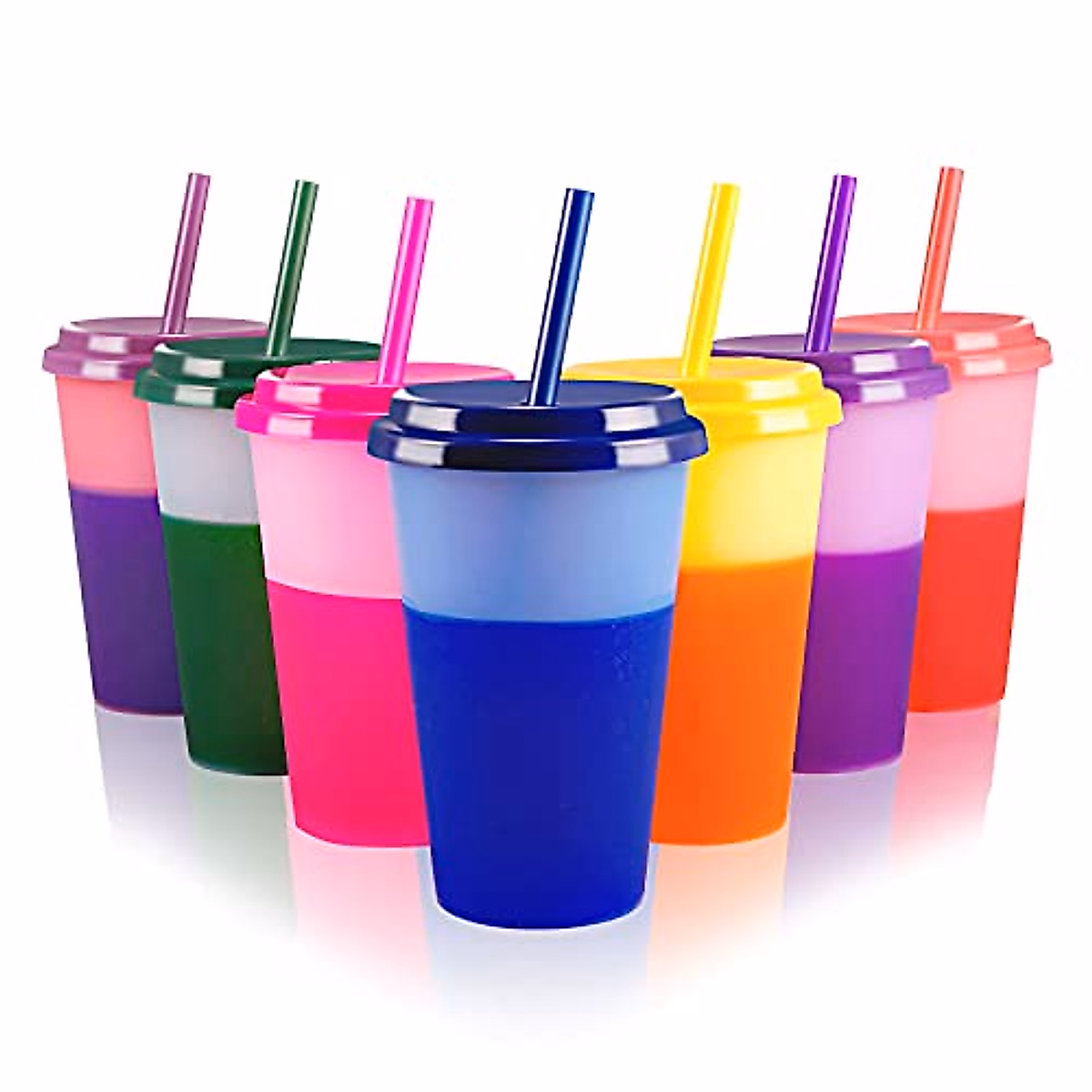 Patinao Color Changing Cups Tumblers with Lids & Straws for Kids - 7 Reusable Plastic Bulk Tumblers 12oz Cold Cup Tumbler Set for Kids